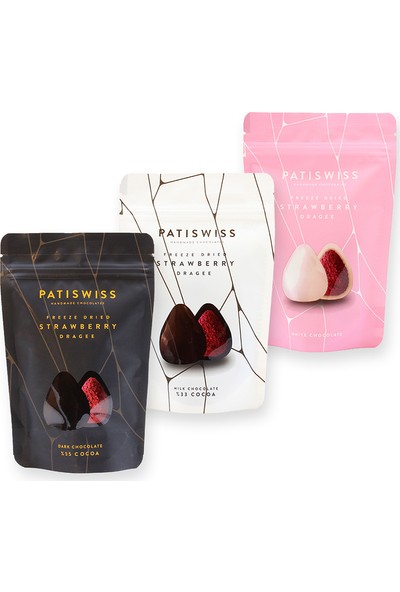 Patiswiss Sütlü, Bitter ve Beyaz Çikolata Kaplı Çilek Draje Seti (3 x 80 Gr)