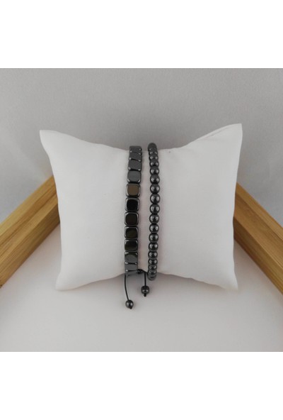 Modamugo Hematit Doğal Taşlı 2 Li Kombin Erkek Bileklik - Füme