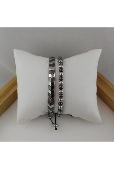 Modamugo Hematit Doğal Taşlı 2 Li Kombin Erkek Bileklik - Mix Füme-Gümüş