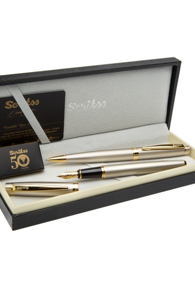 Scrikss Saten Altın Dolma ve Tükenmez Kalem Seti Scrikss Saten Altın Dolma ve Tükenmez Kalem Seti