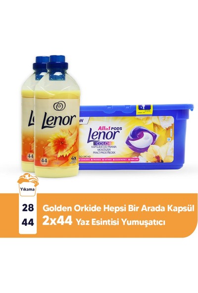 Lenor Pods Sıvı Çamaşır Deterjanı Kapsülü Golden Orkide 28 Yıkama Renkliler Için + Lenor Çamaşır Yumuşatıcısı Yaz Esintisi 1100 ml (2X44) 88 Yıkama 3'lü Set Lenor Pods Sıvı Çamaşır Deterjanı Kapsülü Golden Orkide 28 Yıkama Renkliler Için + Lenor Çamaşır Yumuşatıcısı Yaz Esintisi 1100 ml (2X44) 88 Yıkama 3'lü Set