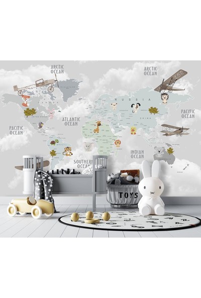 Özen Duvar Kağıdı Çocuk Odası Dünya Haritası Gri Eğitici Duvar Kağıdı