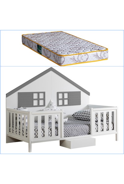 Setay Montessori Karyola, Fethiye Montessori Yatak - Gri + 1 Adet Comfort Yatak