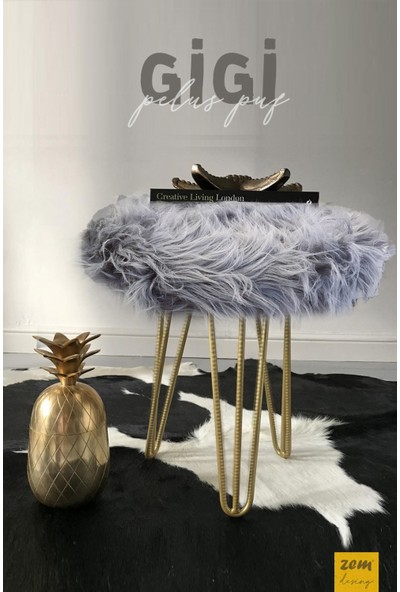 Zem Gigi Gri Peluş Gold Ayaklı Puf