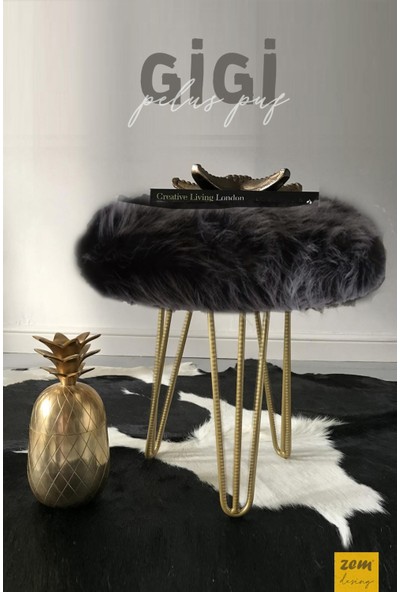 Zem Gigi Siyah Peluş Gold Ayaklı Puf