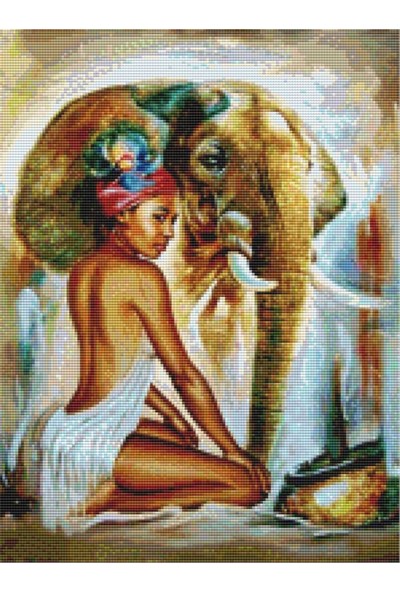 Movas Sanat Afrikalı Esmer Kız ve Bir Fil Elmas Mozaik Tablo Mozaik Puzzle 40 x 50cm E20201278M