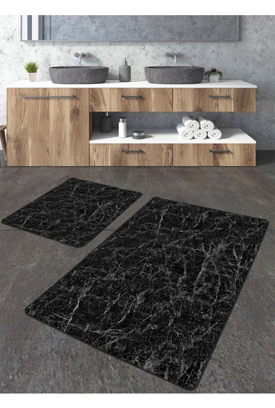 Talia Home Siyah Mermer Desenli 2'li Banyo Paspas Seti TLAHMP-106 Talia Home Siyah Mermer Desenli 2'li Banyo Paspas Seti TLAHMP-106