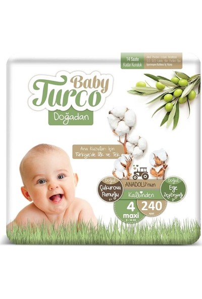Baby Turco Doğadan 4 Numara Bebek Bezi 8-14 kg Maxi 240'LI Baby Turco Doğadan 4 Numara Bebek Bezi 8-14 kg Maxi 240'LI