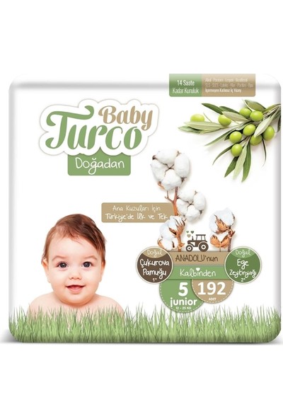 Baby Turco Doğadan 5 Numara Bebek Bezi 12-25 kg Junior 192 Adet Baby Turco Doğadan 5 Numara Bebek Bezi 12-25 kg Junior 192 Adet