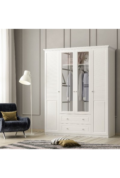 Zenio Visione 4 Kapak 2 Çekmece Camlı Gardırop - Beyaz Zenio Visione 4 Kapak 2 Çekmece Camlı Gardırop - Beyaz