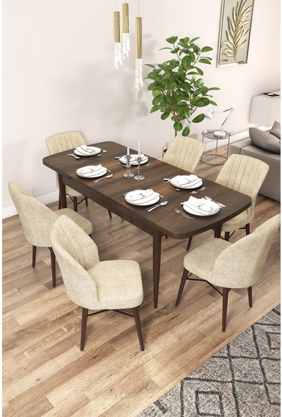 Rovena Arel Serisi Mdf, Barok Ahşap Desenli Açılabilir Mutfak Takımı/barok Masa+6 Adet Sandalye