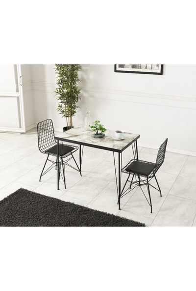Ressahome Asel 2 Kişilik Bendir Mermer Görünümlü Masa Sandalye Takımı 70X110 cm