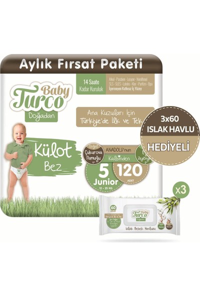 Baby Turco Doğadan Külot Bez 5 Numara Junior 120 Adet + 3X60 Doğadan Islak Havlu Hediyeli Baby Turco Doğadan Külot Bez 5 Numara Junior 120 Adet + 3X60 Doğadan Islak Havlu Hediyeli