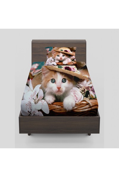 Else Halı Else Sevimli Şapkalı Kedi 3D Desenli Lastikli Tek Kişilik Lastikli Çarşaf Takımı 90X190CM Else Halı Else Sevimli Şapkalı Kedi 3D Desenli Lastikli Tek Kişilik Lastikli Çarşaf Takımı 90X190CM