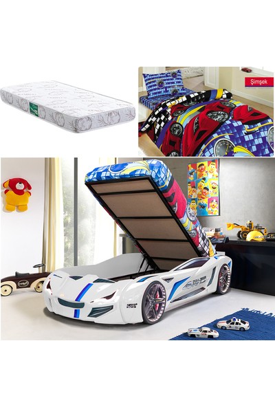 Setay Mercedes Full Ledli Bazalı Arabalı Yatak, Beyaz + 1 Adet Comfort Yatak, Nevresim Takımı