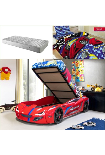 Setay Mercedes Standart Bazalı Arabalı Yatak, Kırmızı + 1 Adet Comfort Yatak, Nevresim Takımı