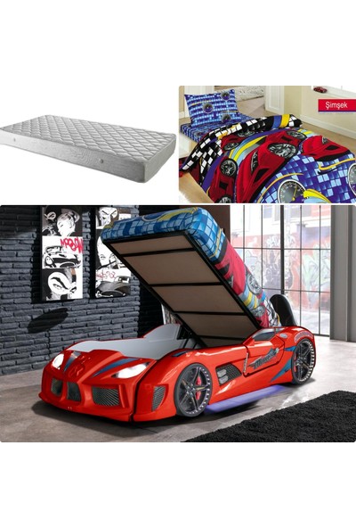 Setay Audi Kapıları Açılabilen Full Ledli Koltuklu Bazalı Arabalı Yatak, Kırmızı + 1 Adet Comfort Yatak, Nevresim Takımı Setay Audi Kapıları Açılabilen Full Ledli Koltuklu Bazalı Arabalı Yatak, Kırmızı + 1 Adet Comfort Yatak, Nevresim Takımı