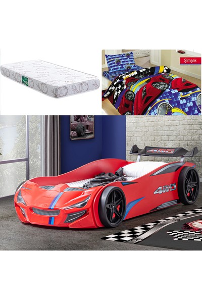 Setay Merso Rüzgarlıklı Arabalı Yatak, Kırmızı + 1 Adet Comfort Yatak, Nevresim Takımı