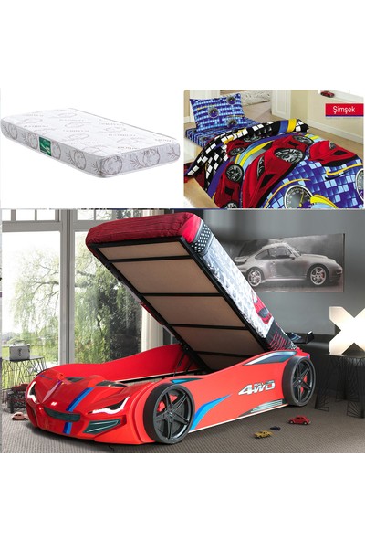 Setay Merso Rüzgarlıklı Bazalı Arabalı Yatak, Kırmızı + 1 Adet Comfort Yatak, Nevresim Takımı