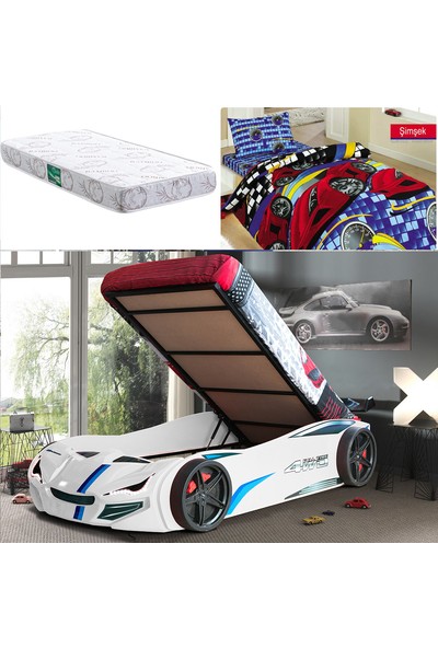 Setay Merso Rüzgarlıklı Bazalı Arabalı Yatak, Beyaz + 1 Adet Comfort Yatak, Nevresim Takımı