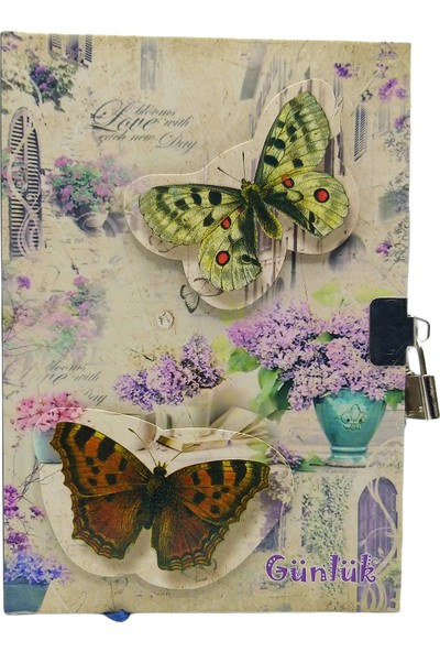 Seven Kelebek Desenli 3D Günlük Defteri Kilitli