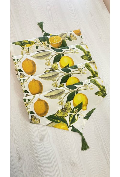 White Alamode Limon, Kuş ve Çiçek Desenli Dijital Püsküllü Runner