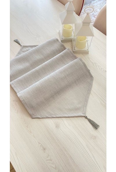 White Alamode Pırıltılı Gri Keten Runner - Püsküllü