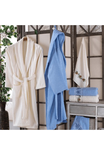 Tekstil Sepeti Nakışlı Bornoz Set Lila - Mavi Tekstil Sepeti Nakışlı Bornoz Set Lila - Mavi