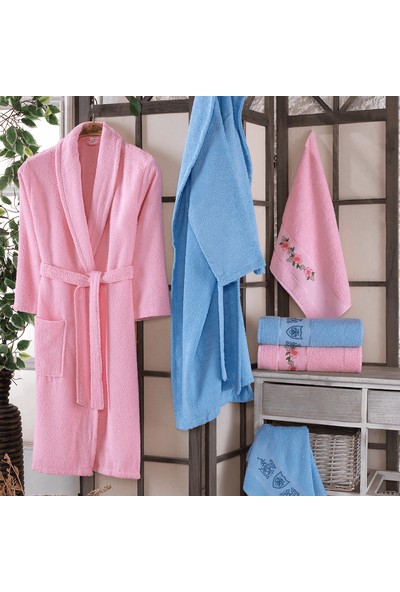 Tekstil Sepeti Nakışlı Bornoz Set Lila - Mavi Tekstil Sepeti Nakışlı Bornoz Set Lila - Mavi