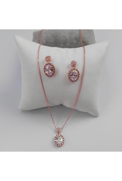 Modamugo Zirkon Taşlı Ince Zincir Abiye Takı Seti - Rose