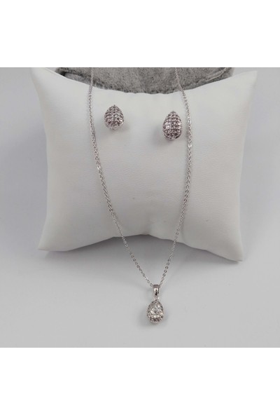 Modamugo Zirkon Taşlı Ince Zincir Abiye Takı Seti - Rodyum