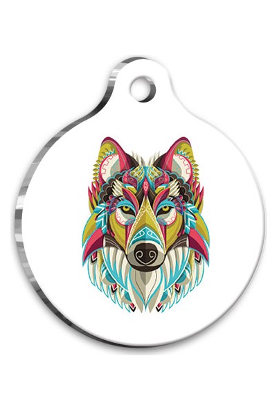 Pet Tag Art Illüstrasyon Renkli Kurt Yuvarlak Köpek Künyesi Large 3,8 cm
