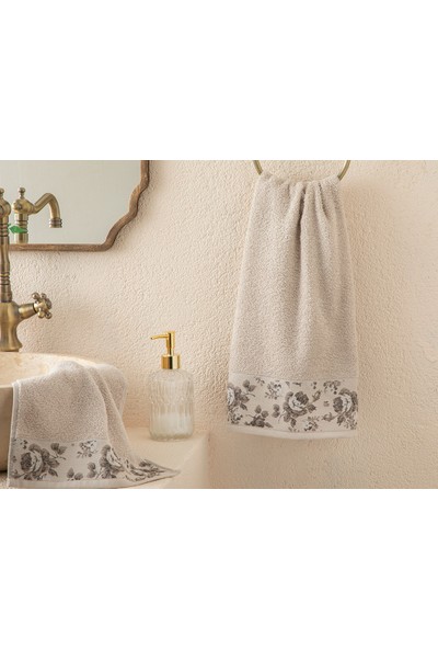 English Home Rose Belle Bordürlü Yüz Havlusu 50x76 cm Açık Bej