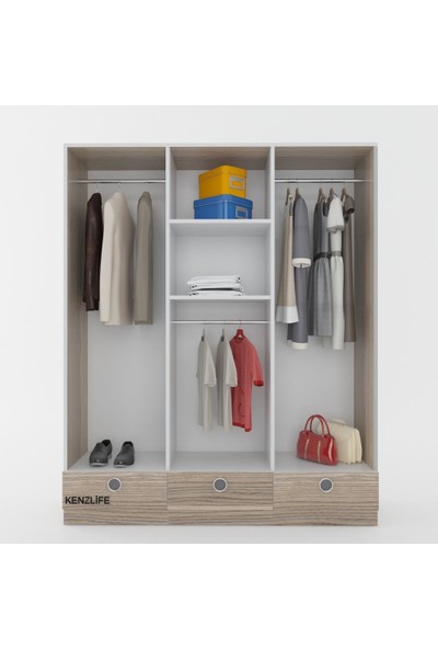 Kenzlife giysi dolabı 3 bölmeli 3 çekmeceli hamit150 crd dolap kapaksız