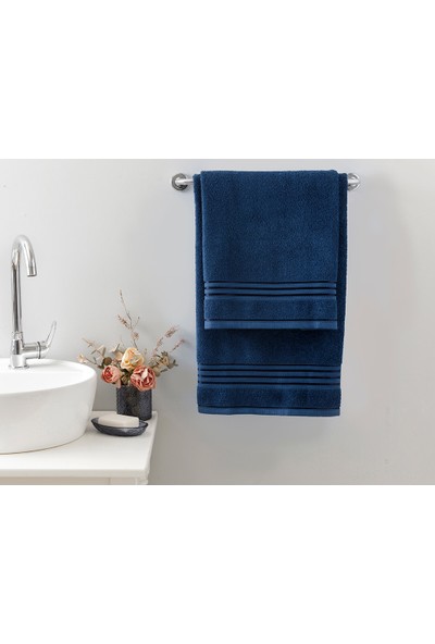 English Home Romantic Stripe Floşlu Banyo Havlusu Takımı 50X85CM + 70X150CM Lacivert