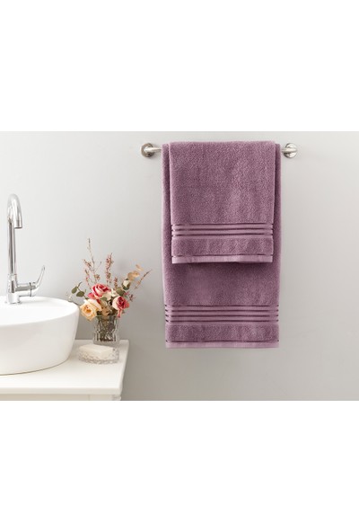 English Home Romantic Stripe Floşlu Banyo Havlusu Takımı 50X85CM + 70X150CM Mürdüm