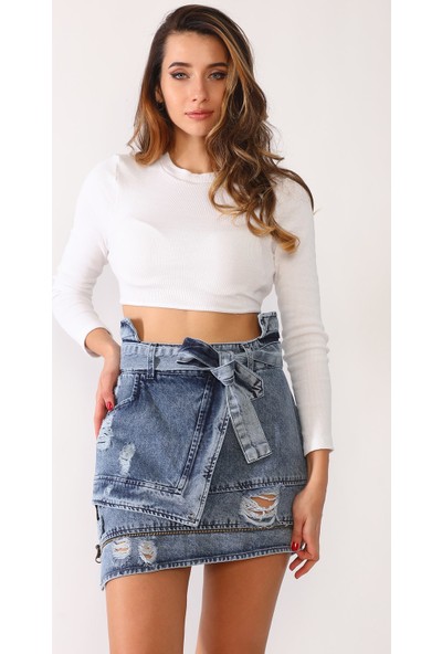 PodiumStar Yırtık Detaylı Kemerli Kısa Kot Etek
