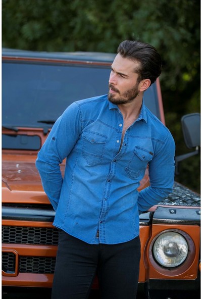 Bay Efendi Erkek Açık Mavi Cepli Likralı Kot Gömlek N6012