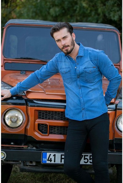 Bay Efendi Erkek Açık Mavi Cepli Likralı Kot Gömlek N6012