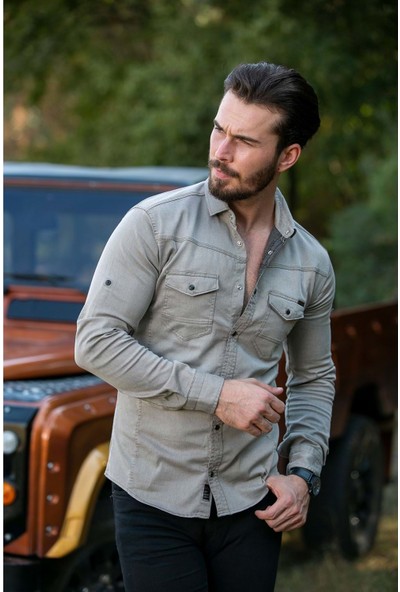 Bay Efendi Erkek Bej Cepli Likralı Kot Gömlek N6012