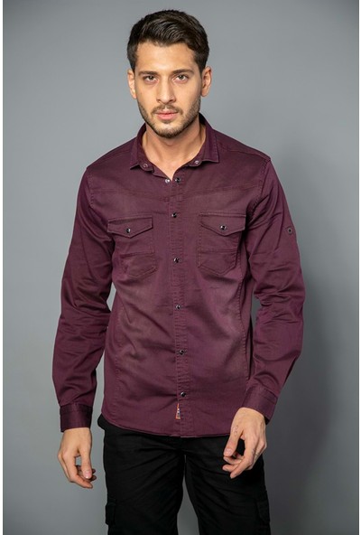 Bay Efendi Erkek Bordo Cepli Likralı Kot Gömlek N6012
