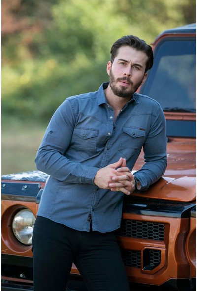 Bay Efendi Erkek Gri Cepli Likralı Kot Gömlek N6012