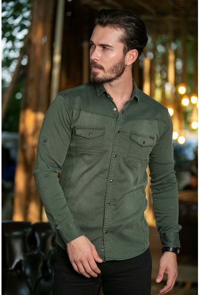 Bay Efendi Erkek Haki Cepli Likralı Kot Gömlek N6012