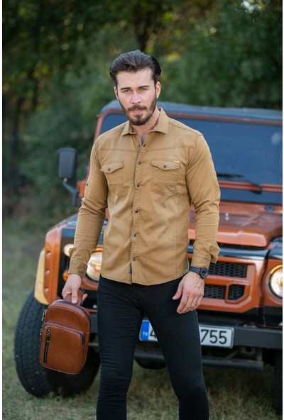 Bay Efendi Erkek Hardal Cepli Likralı Kot Gömlek N6012