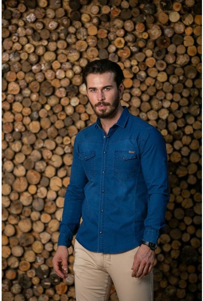 Bay Efendi Erkek Mavi Cepli Likralı Kot Gömlek N6012