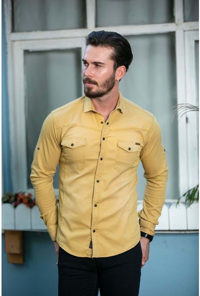 Bay Efendi Erkek Sarı Cepli Likralı Kot Gömlek N6012