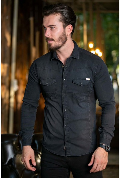 Bay Efendi Erkek Siyah Cepli Likralı Kot Gömlek N6012