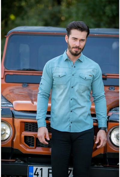 Bay Efendi Erkek Su Yeşili Cepli Likralı Kot Gömlek N6012