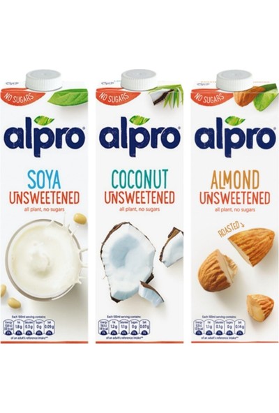 Alpro Şekersiz Badem, Hindistan Cevizi, Soya Süt 3 Lü