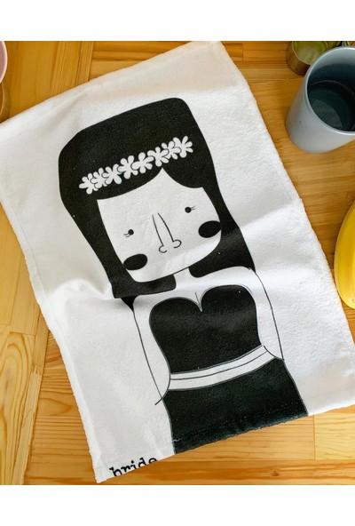 Betgohome Siyah Beyaz Gelin Baskılı Mutfak El Havlusu